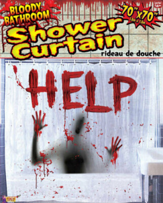 BLOODY SHOWER CURTAIN with hooks Halloween Party HELP bathroom ...