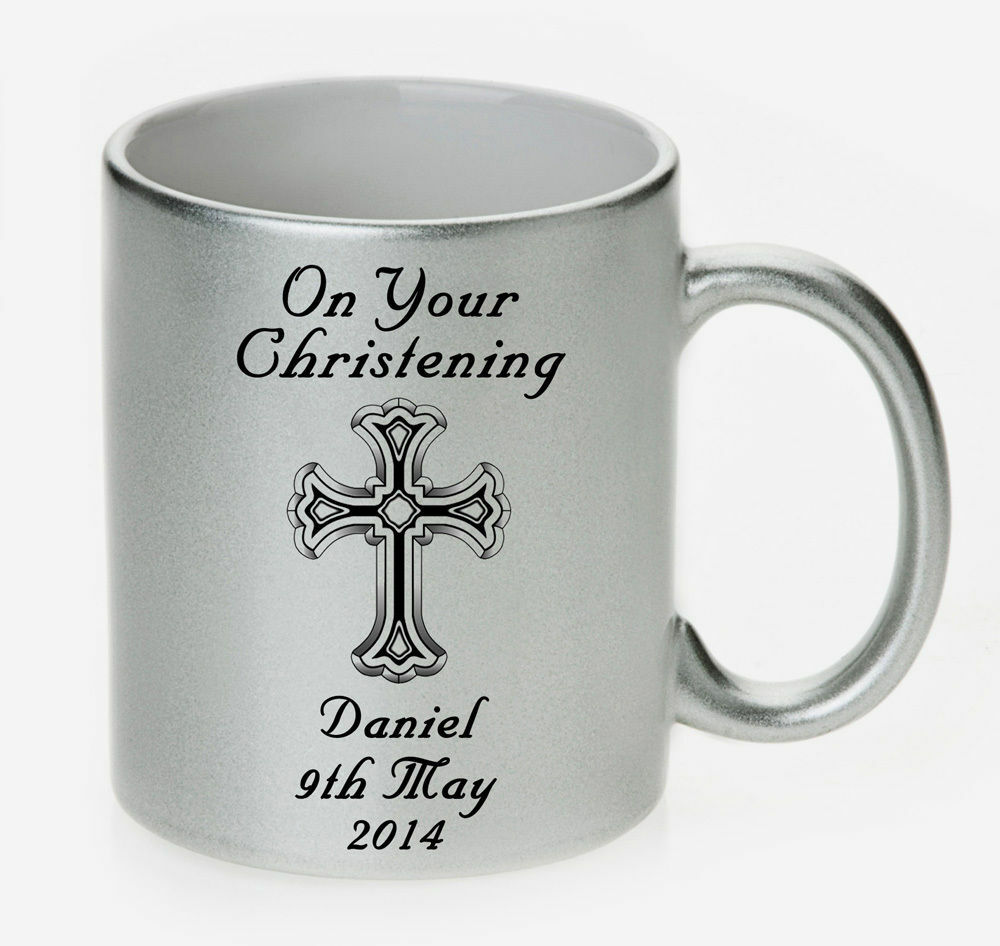 Christian Cross Silver Pearl Ceramic Mug PERSONALISED Baby Name ...