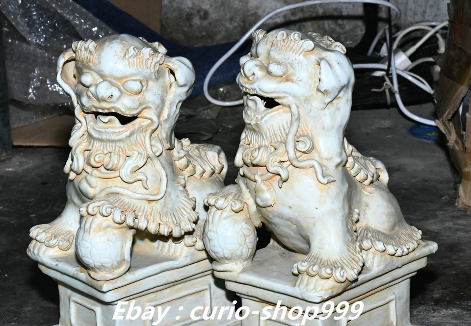 13.3" Old Dynasty White Glaze Porcelain Foo Fu Dog Guardion Lion Statue ...