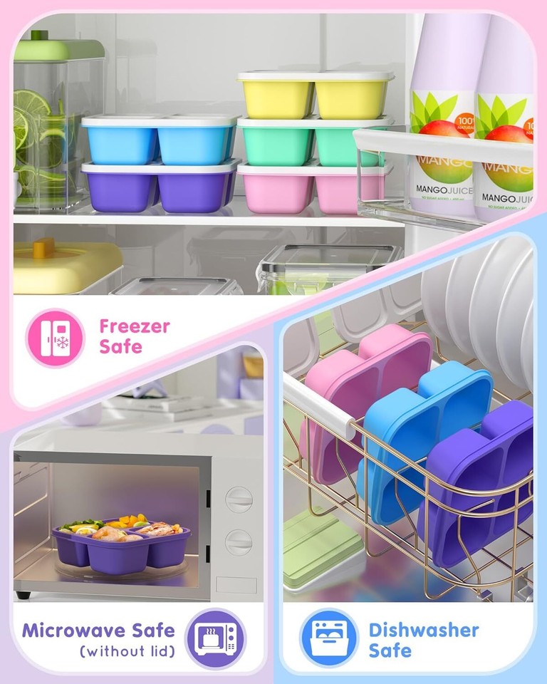 5 PCS Bento Snack Containers, Reusable 4 Compartment Divided Food ...