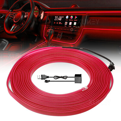5M Interior USB El Wire String Strip RED Lights Set Ambient Car Dash ...