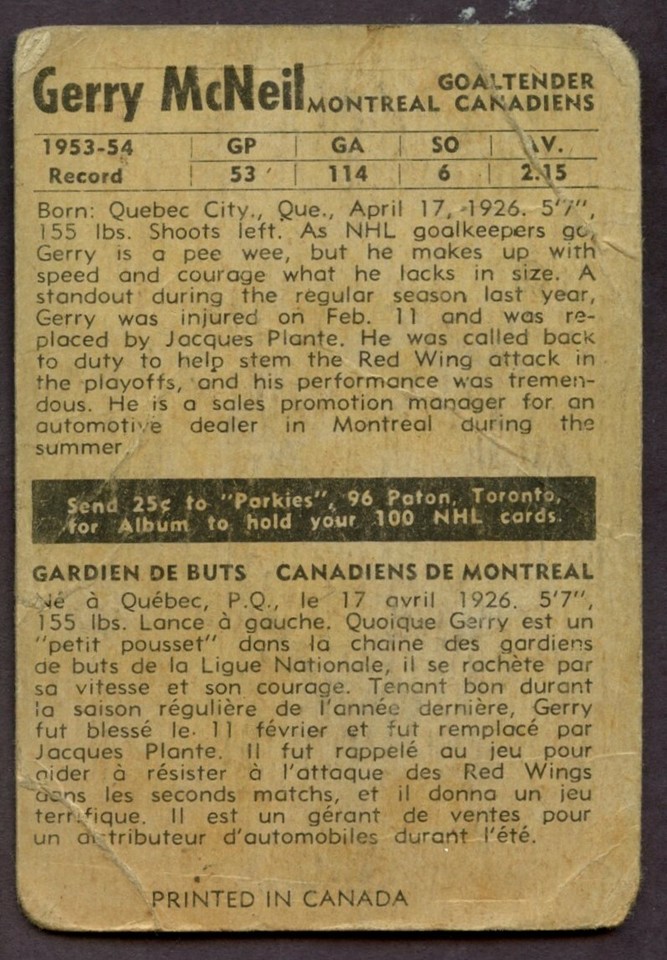 1954-55 Parkhurst # 1 Gerry McNeil MONTREAL CANADIENS | eBay