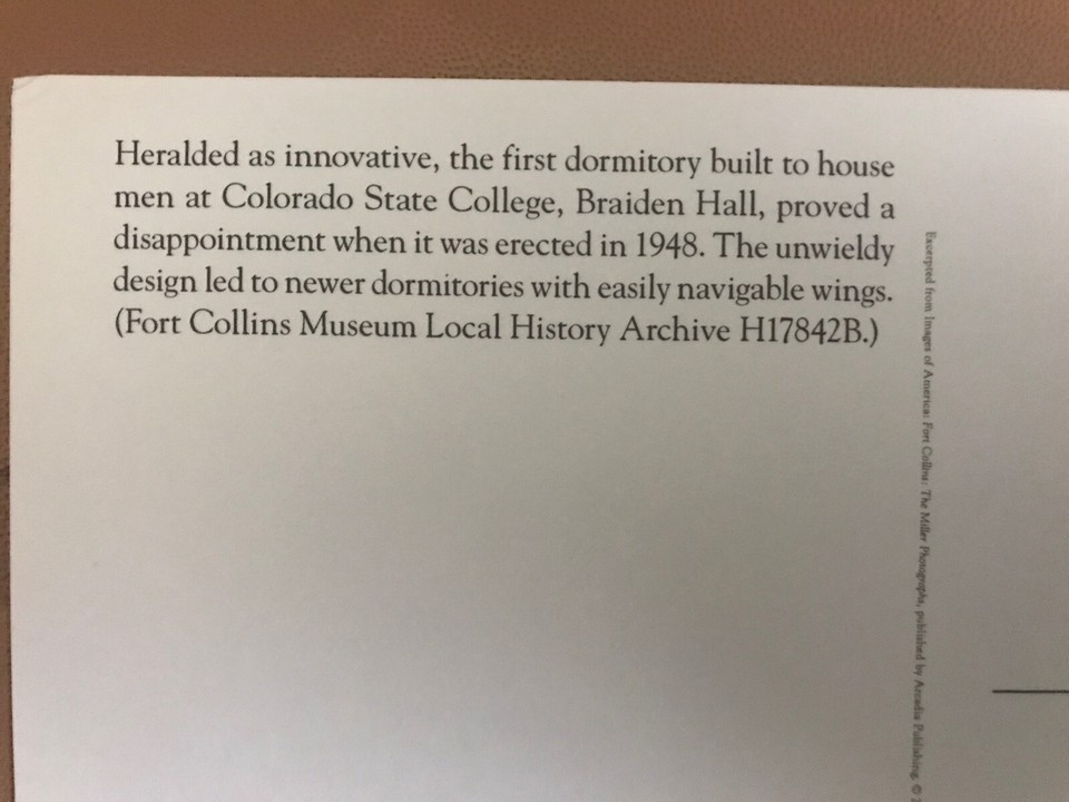 POSTCARD COLORADO, FORT COLLINS- 1st MENS DORM-BRAIDEN HALL COLORADO ...