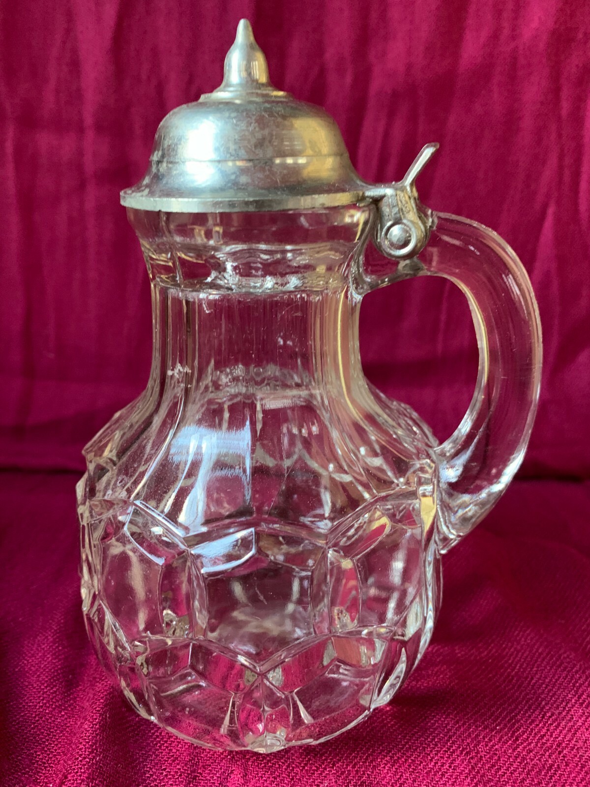 EAPG Fostoria (?) Hexagon Block Pattern Glass Syrup Pitcher Dispenser ...