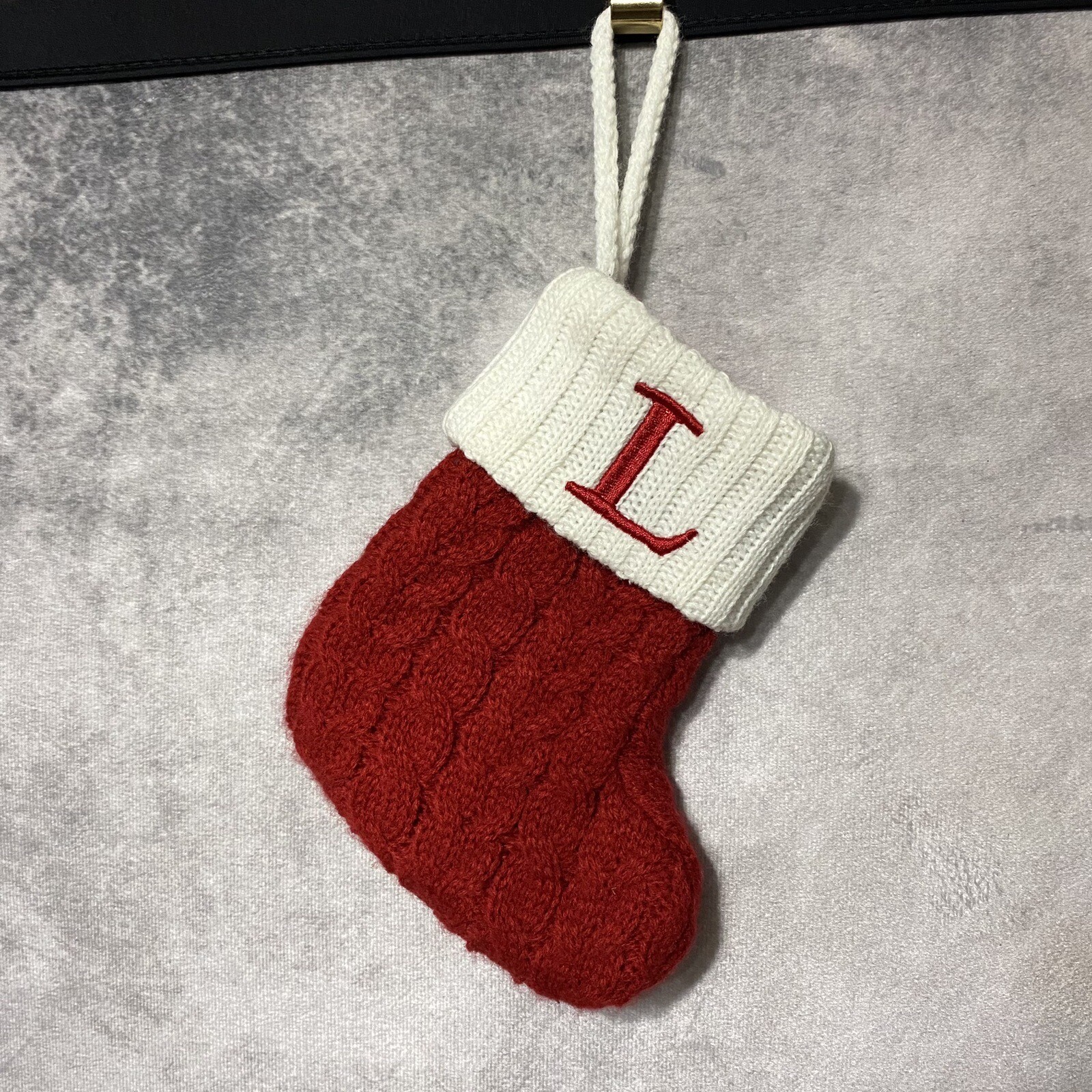 Mini Christmas Stocking Initial Letter L Red White Sweater Cable Knit ...