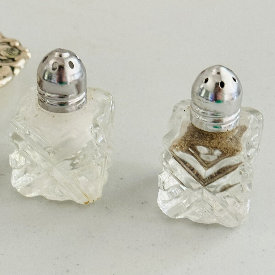 Vintage 2 Diamond Pressed Glass Cruets Himark Japan Embossed Stand Salt ...