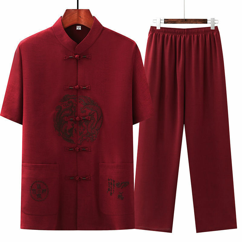 Mens Traditional Chinese Tang Suit T-shirt Set Kung Fu Tai Chi Uniform ...