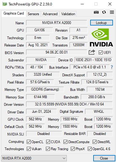 nVidia RTX A2000 GPU 6GB GDDR6 4xDP (900-5g192-2200-000, 699-5g192-0500 ...