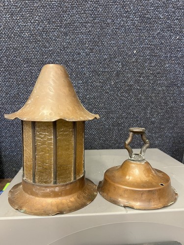 ARTS & CRAFTS HAMMERED COPPER & Amber Textured Leaded Glass Porch Light ...