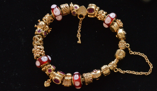 Pandora Moments 14K 92.4g Ruby/Diamond Snake Chain Full Charm Bracelet ...