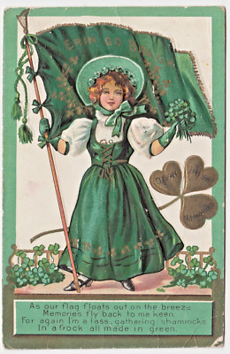 Erin go Bragh Flag ~Vintage St. Patrick's Day Postcard ~Lass in Green ...