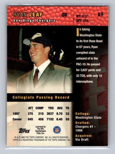 1998 Topps Autographs Ryan Leaf Rookie Auto San Diego Chargers #A9 | eBay