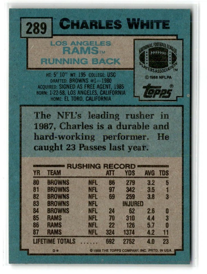 1988 Topps Football #289 Charles White Los Angeles Rams | eBay
