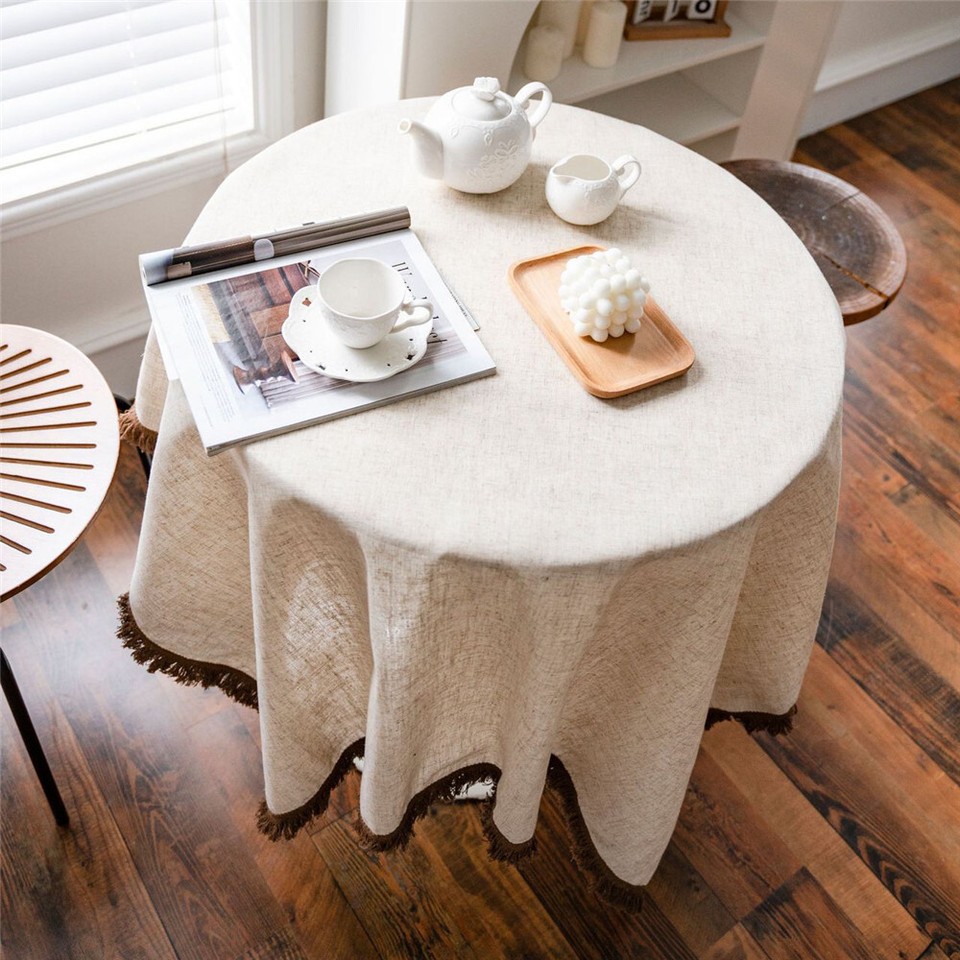 Beige Linen Tablecloth Tassel Fringe Table Cloth Cover Dining Kitchen ...