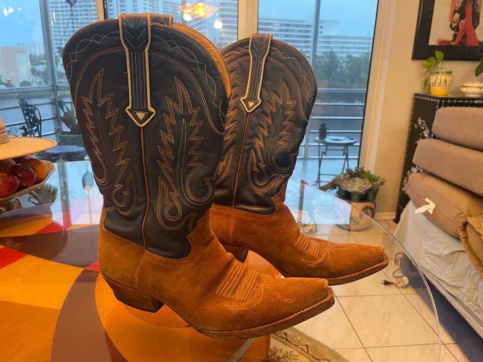 Vintage Liberty Boot Co custom made cowboy boots mens 12D tan roughout / blue | eBay