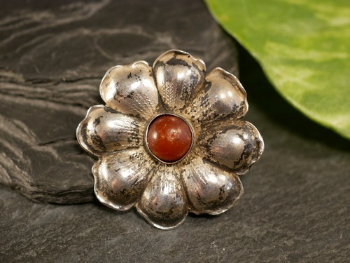 830 Silber Brosche Bernstein Amber Blume Blüte CMC Carl Cohr Dänemark ...