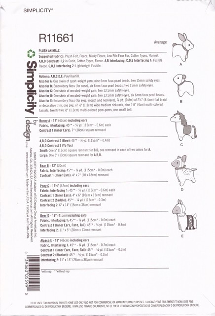 Simplicity R11661 Plush Alpaca Bunny Bear Pony & Deer UNCUT Pattern ...