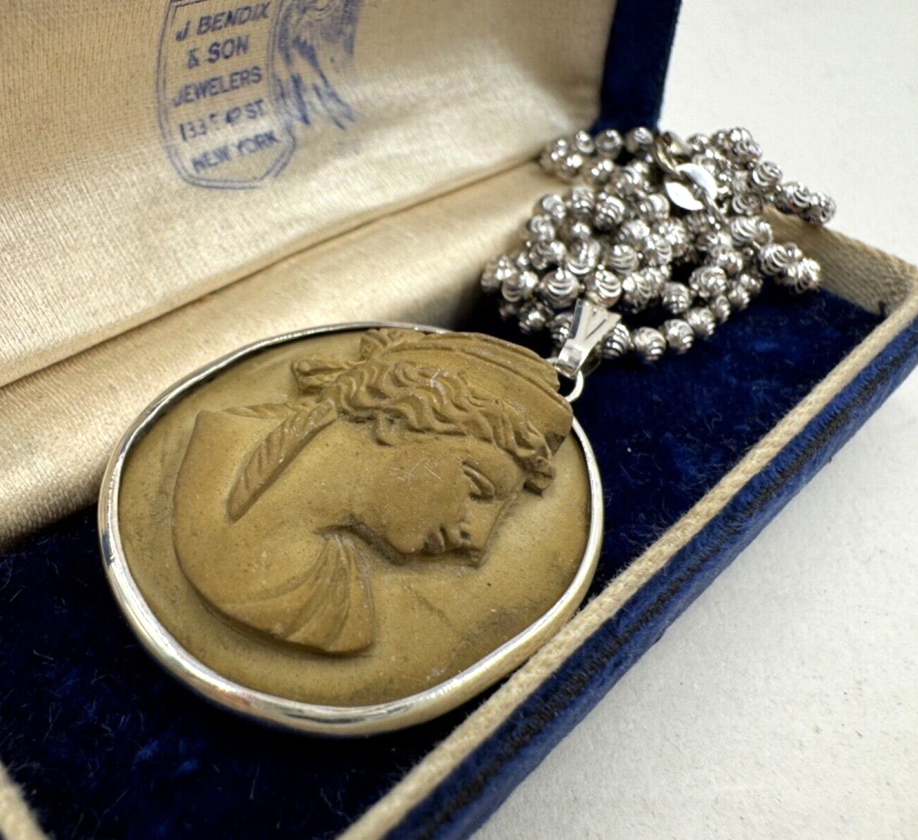 ROMAN ANTIQUE CARVED LAVA LADY CAMEO STERLING SLVR CHAIN PENDANT ...