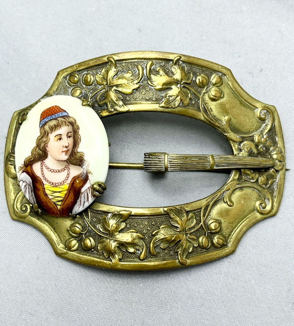 Antique Porcelain Portrait Sash Pin Brooch - Gem