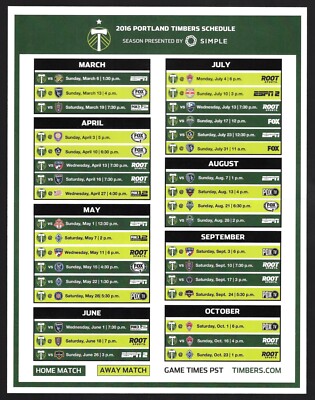 RARE VERSION 2016 Portland Timbers MLS Soccer Schedule !!! Simple ...