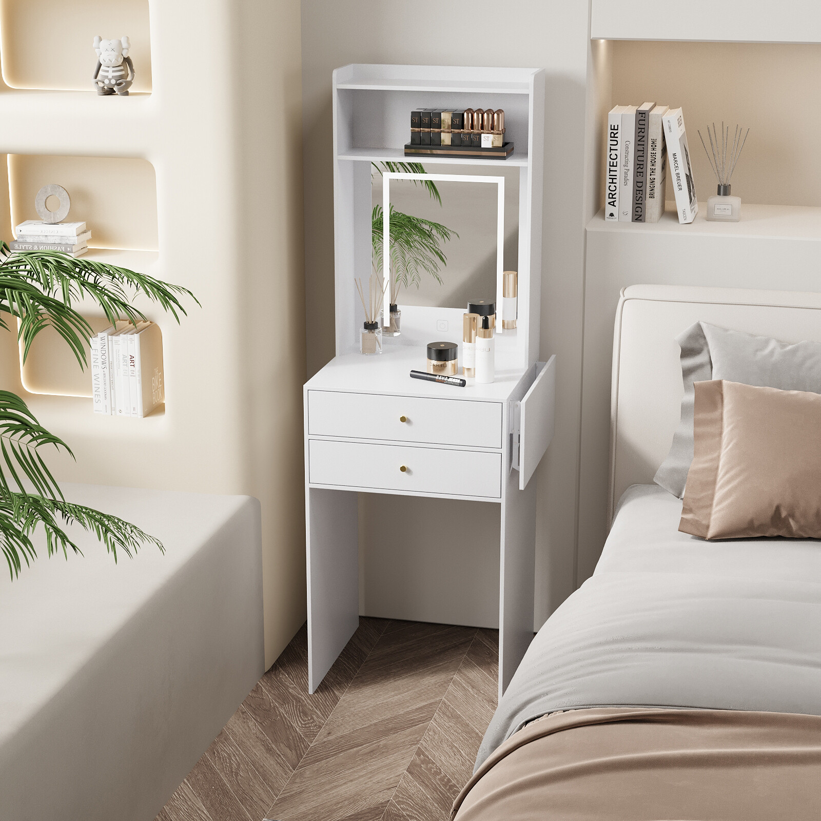 Small Dressing Table with Foldable Side Panel LED Light Mirror Shelves ...