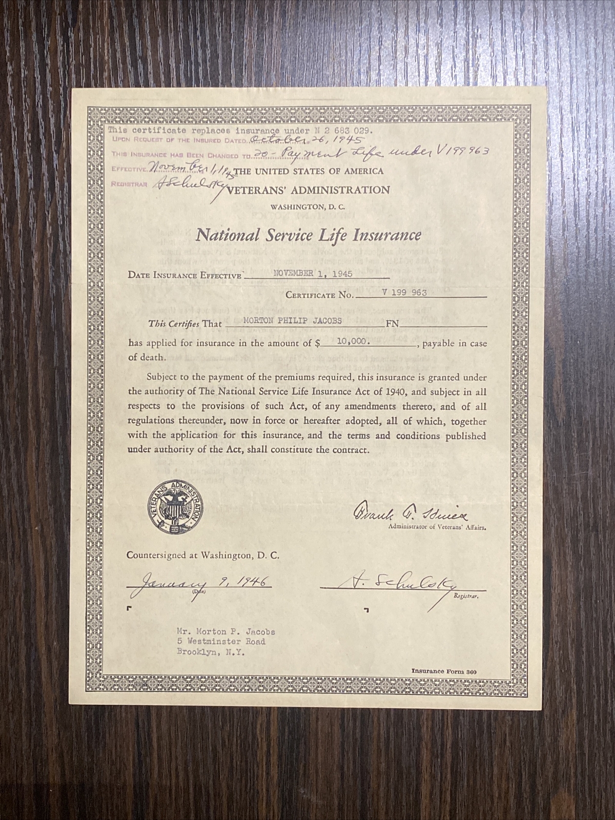 1945 National Service Life Insurance Veteran's Administration ...