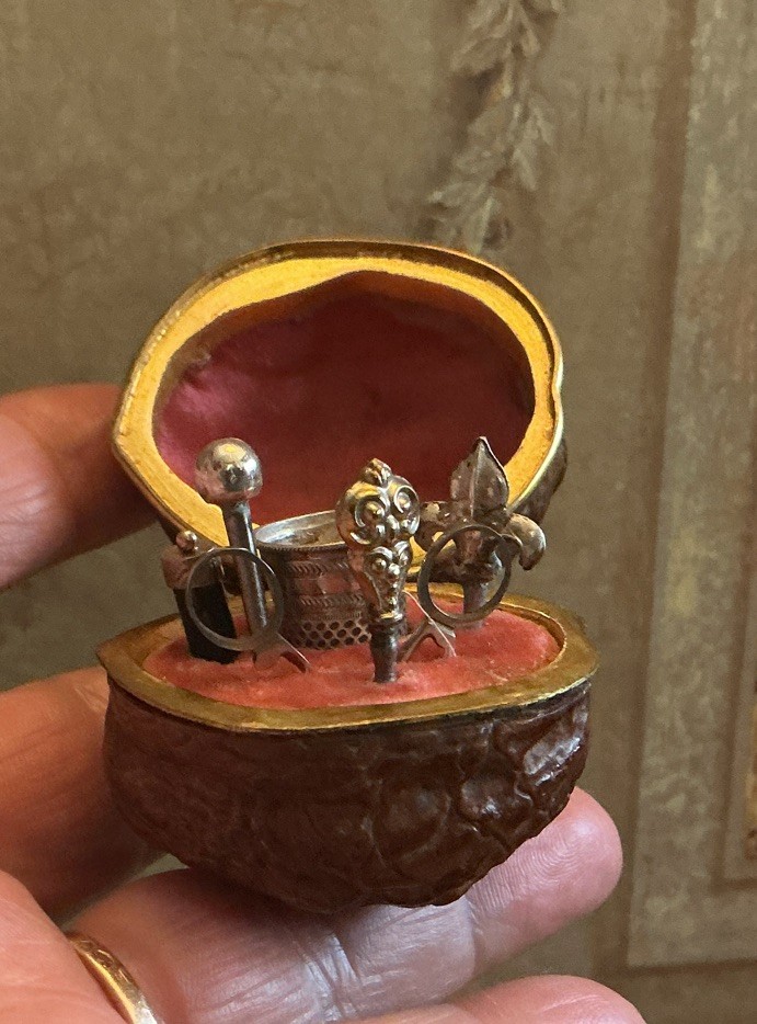 Antique Miniature French Fashion Doll Sewing Necessaries In A Walnut ...