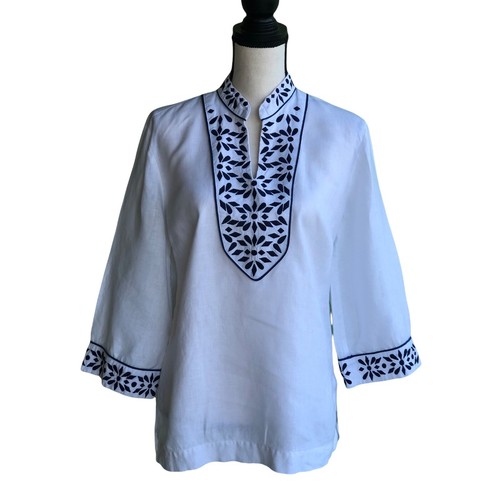 JM Collection Tunic Blouse Women Sz 8 3/4 Sleeve Embroidered White ...