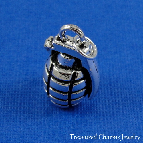 Silver Hand Grenade Charm - 3D Bomb Explosive Weapon Military Pendant ...