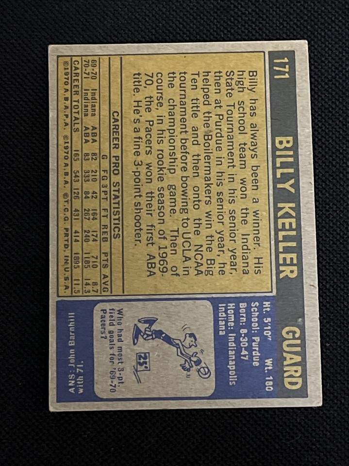 BILLY KELLER 1971-72 TOPPS SIGNED AUTOGRAPHED CARD #171 INDIANA PACERS ...