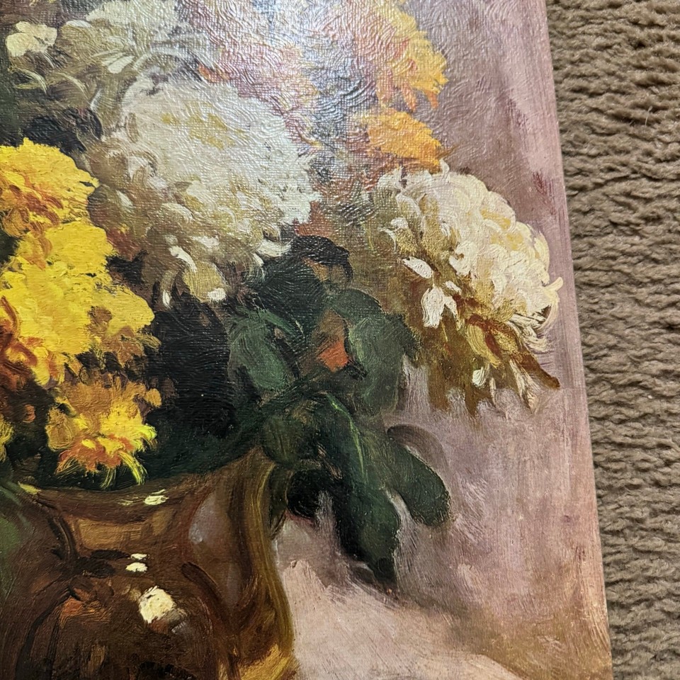 Bouquet in Brass Yellow Flowers Vase Lithograph Art Mid Century Modern ...