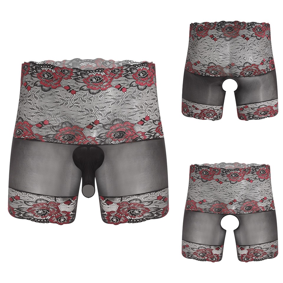 Mens Glossy Sheer Boxer Shorts or Sheath with Opening Floral Lace Trim ...