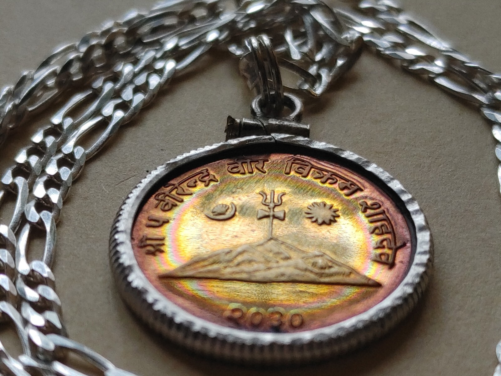 Sunrise & Sickle Moon Himalayan Mountain Nepal coin pendant & Italian ...