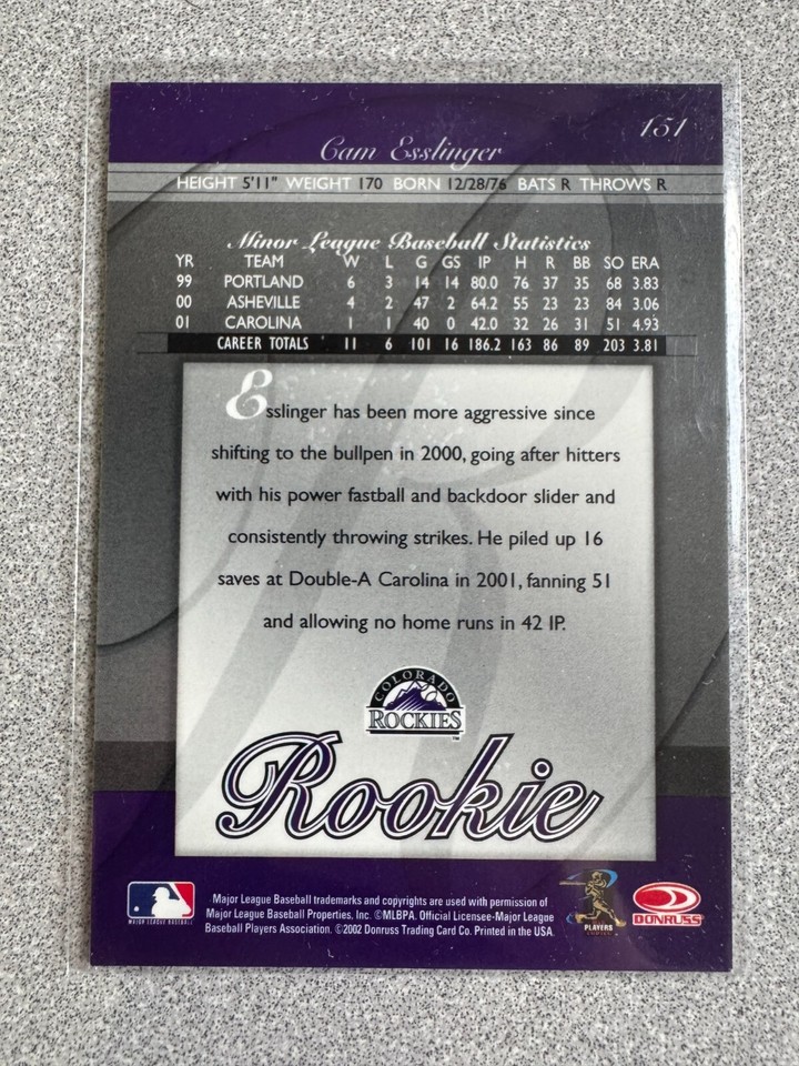 2002 Donruss Elite Cam Esslinger Rookie Card /1500 #151 Colorado ...