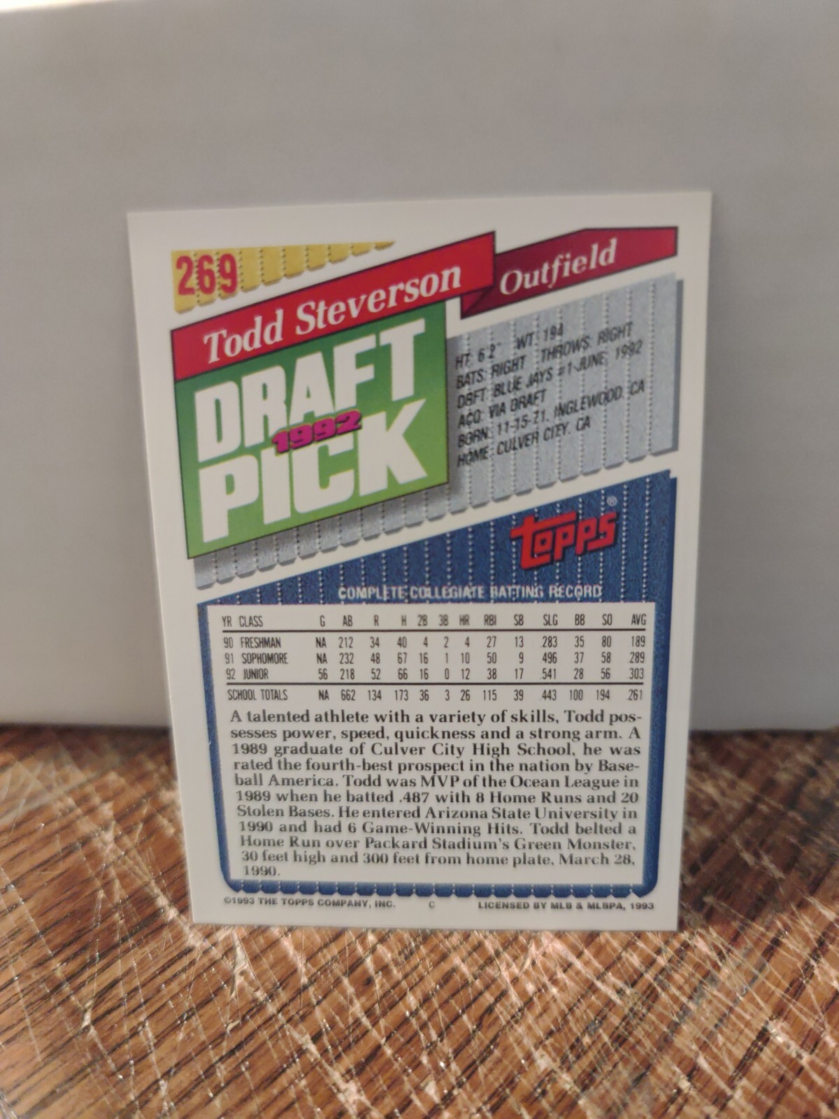 Todd Steverson Autographed 1993 Topps Signed Baseball Card 269 Toronto ...