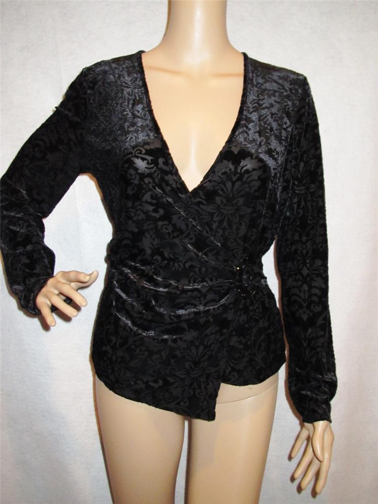 JOSEPHINE CHAUS Women's Slightly SHEER BLACK WRAP STRETCH TOP SHIRT SZ ...