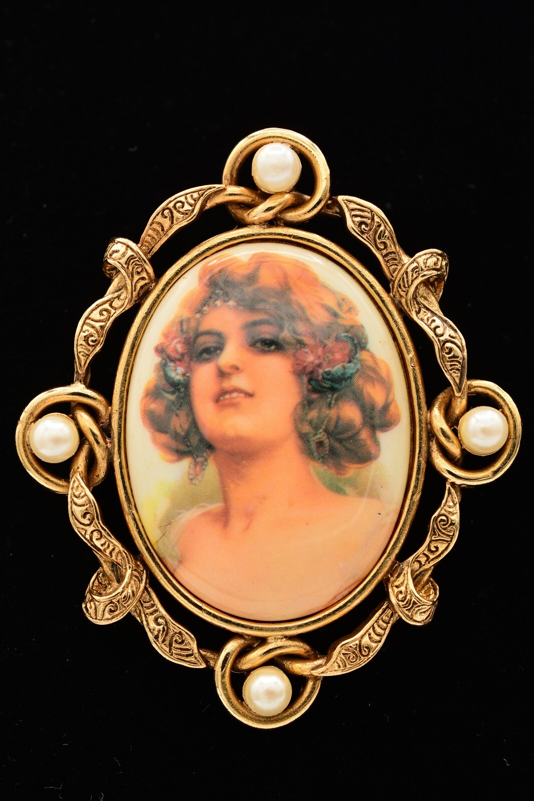 Vintage Renaissance Woman Pin Brooch Painting Gold To… - Gem
