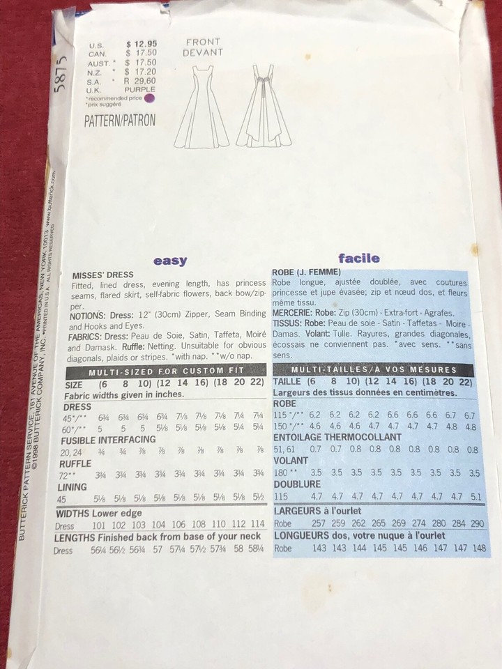 🌼 BUTTERICK #5875 - LADIES FLOOR LENGTH BRIDAL-EVENING GOWN PATTERN 6 ...