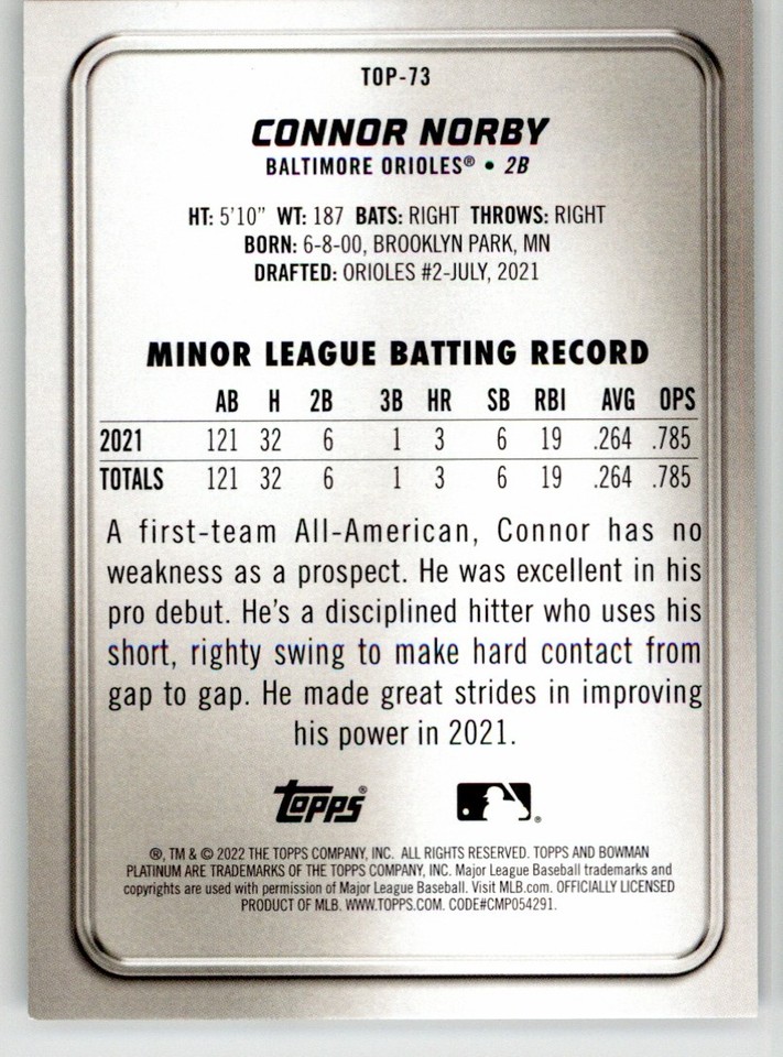 Connor Norby 2022 Bowman Platinum Top Prospects Ice Foilboard TOP-73 ...