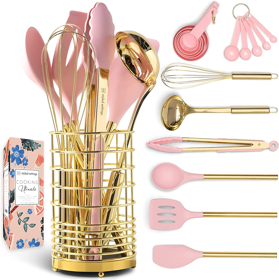 Gold Kitchen Utensils with Holder White Pink Gold White Copper Cooking ...