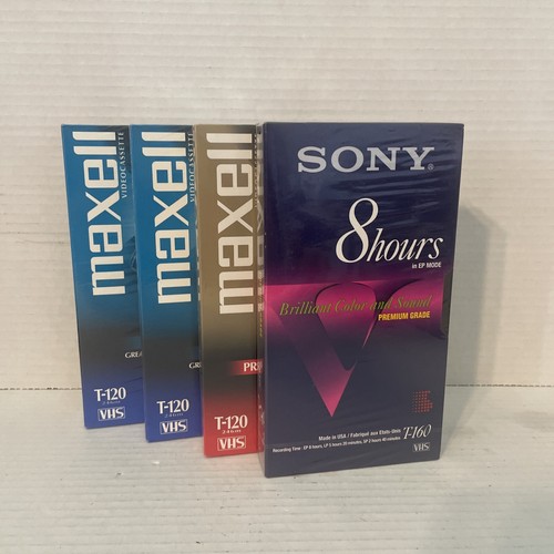 Maxell silver gold Sony 4 VHS Tapes Blank Media Sealed New 6 hour 8 ...