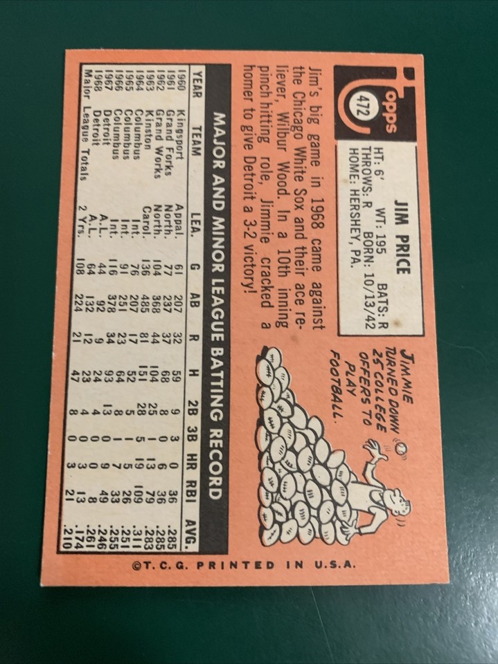 Jim Price, SIGNED 1969 Topps #472, 1968 Detroit Tigers World Series ...
