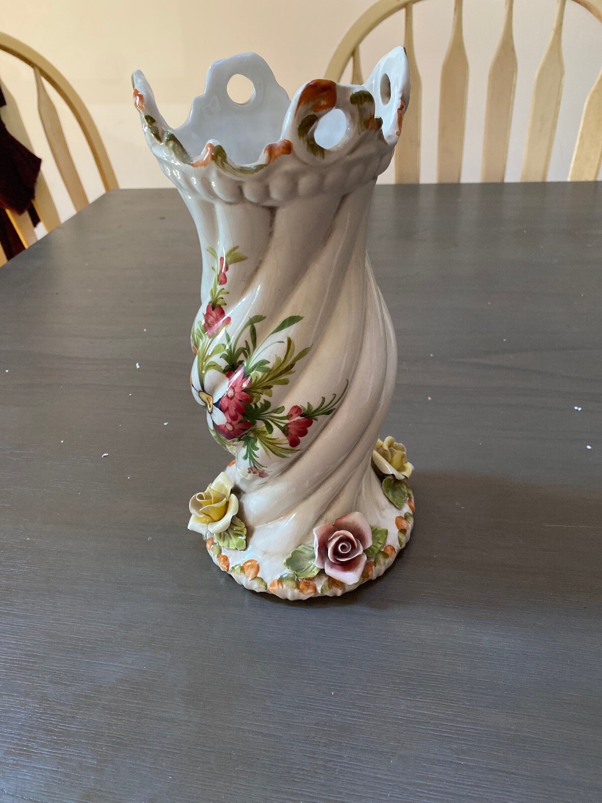 Vintage Bassano Pottery Vase 3D Roses Flowers White Cream Multicolored ...