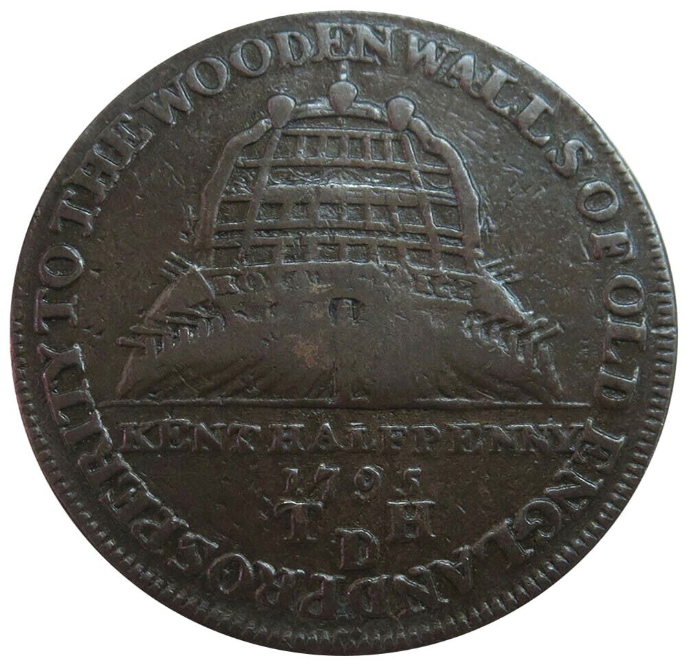 1795 GREAT BRITAIN 1/2 PENNY KENT DEPTFORD MAN OF WAR SHIP CONDER TOKEN ...