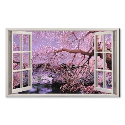 Pink Cherry Blossom Tree Window View Wall Art Canvas Unframed Print Art ...