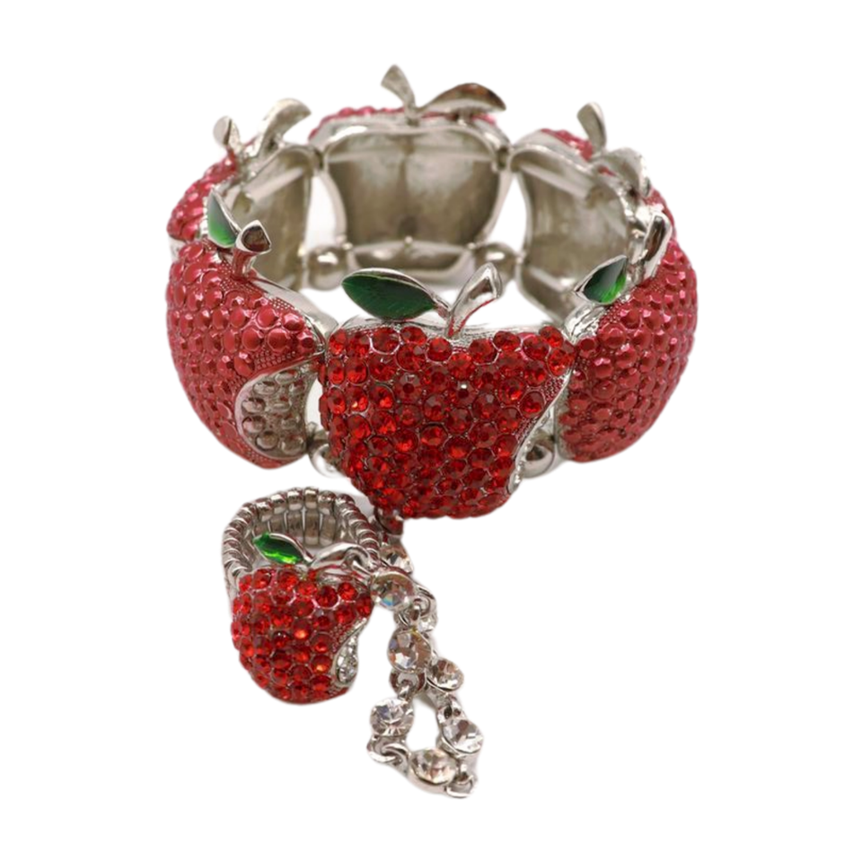 Women Silver Metal Hand Chain Red Apples Bracelet Bling Ring Halloween ...