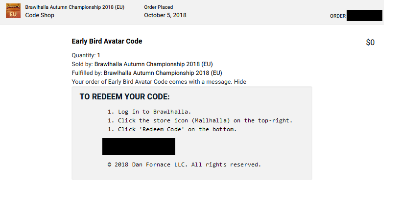 Brawlhalla rare code 2018 Autumn championship | eBay