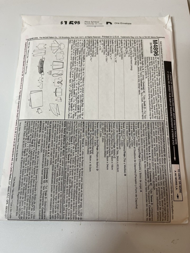 McCalls Crafts M4896 American Girl 18" Doll Clothes Sewing Pattern OSZ ...