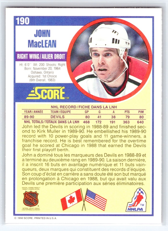 1990 Score American #190 John MacLean Hockey New Jersey Devils | eBay
