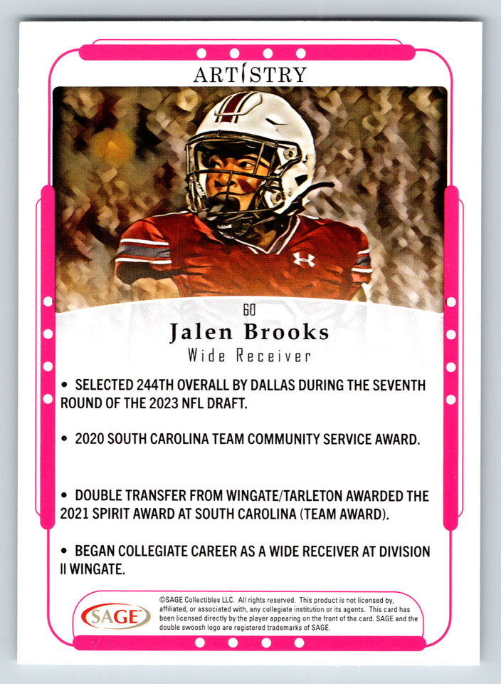 Jalen Brooks 2023 Sage Artistry RC #60 South Carolina Rookie | eBay